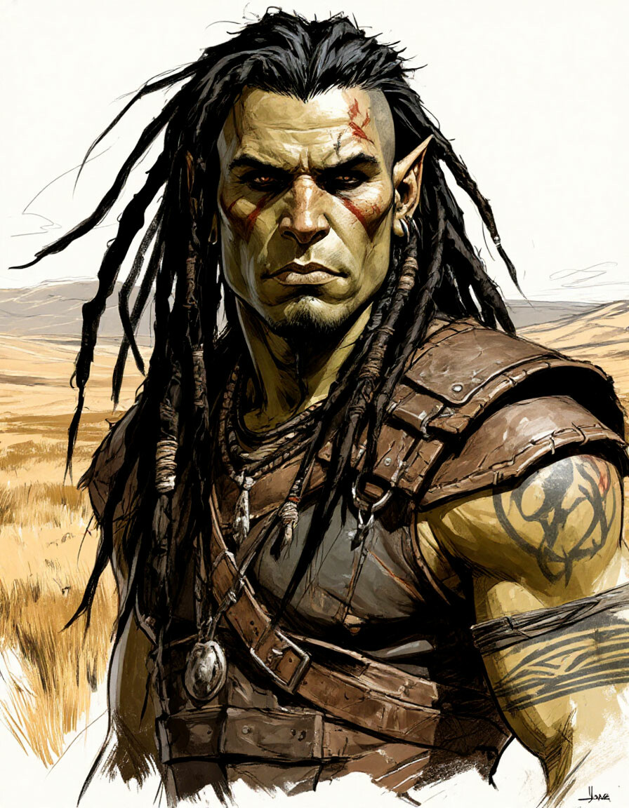 "Sketch by Yoji Shinkawa, a tall half-orc man with long black ...