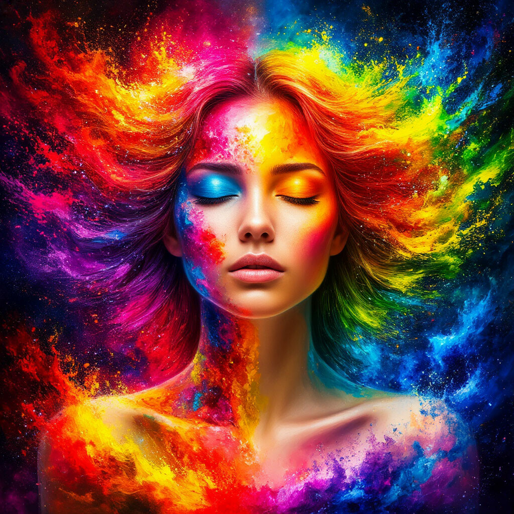 "A bright splash of colors,transformation into a beautiful woman,bright ...