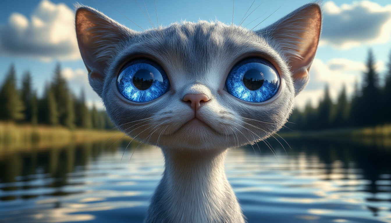 "An anthropomorphic cat with giant eye sockets and incredibly bulging ...