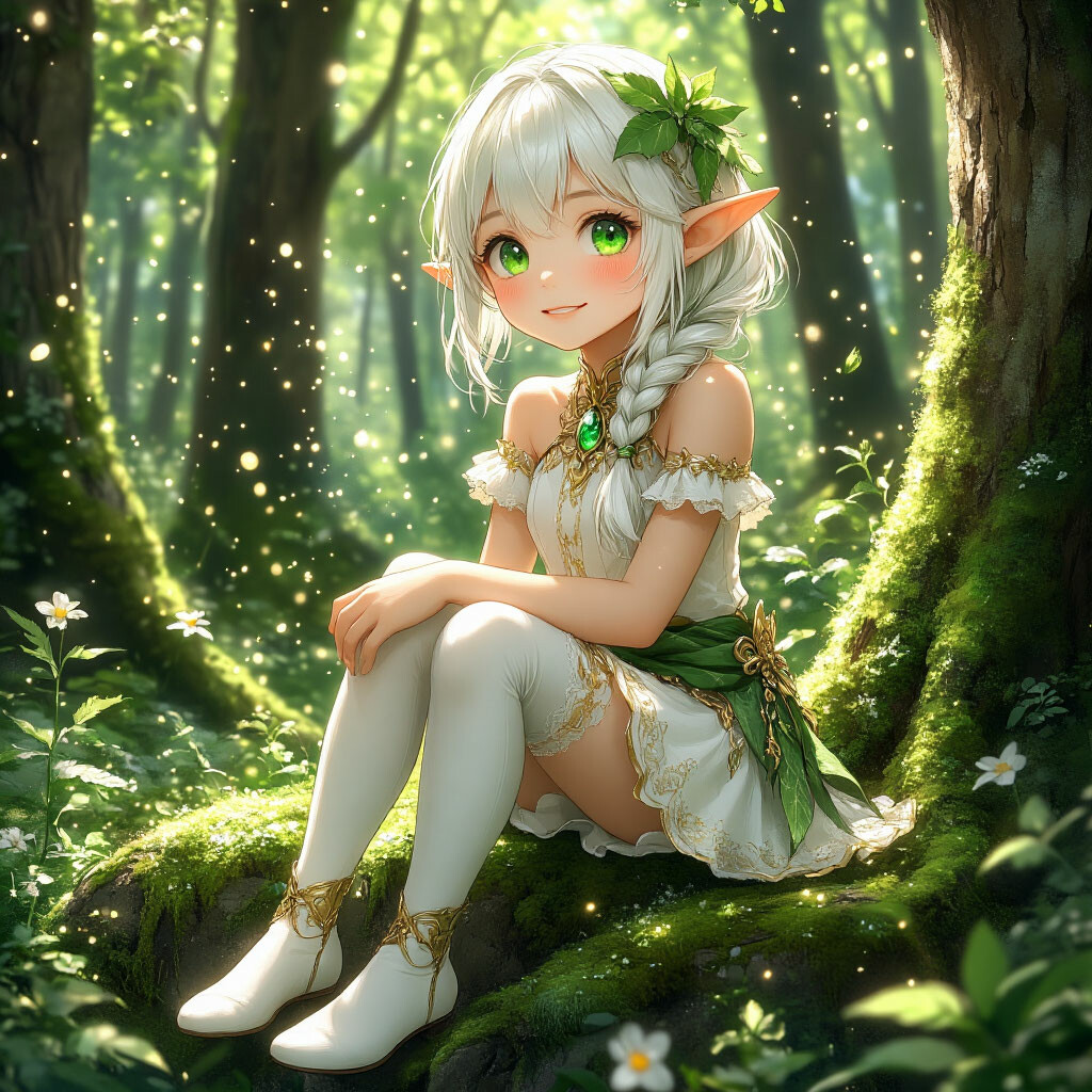 "Nahida, anime girl, loli, very small,elf ears, short white hair with ...