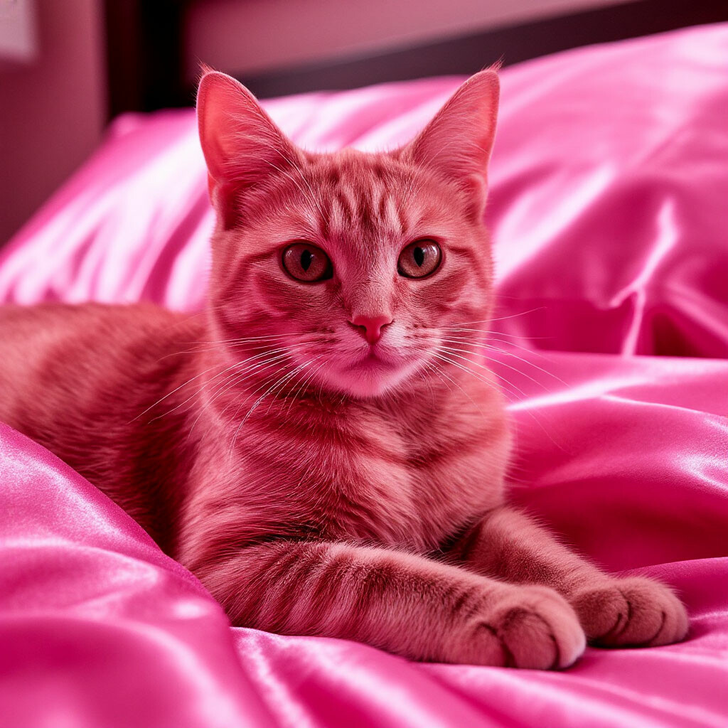 "Pink shiny cat on kravati aesthetics" — image created in Shedevrum