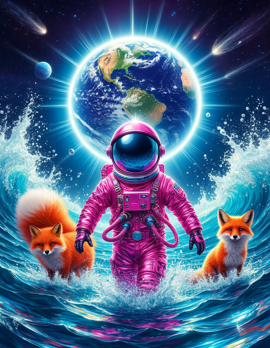 "Neptune.Bright sun.Neptune has a solid azure sun, water without ...