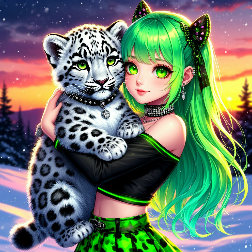 "Anime gorgeous little snow leopard cub collar rhinestone sunset He is ...