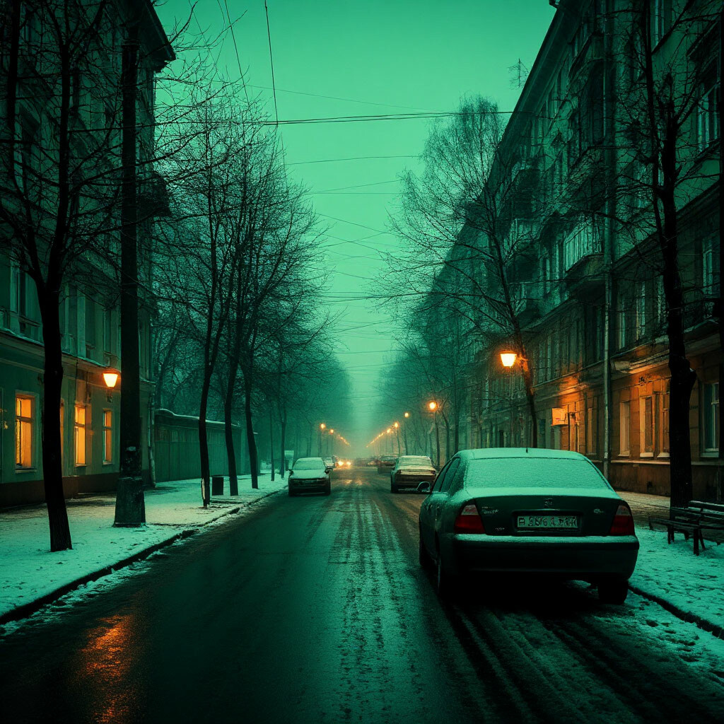 "Early morning, city, greenish shades, twilight, winter" — image created in Shedevrum