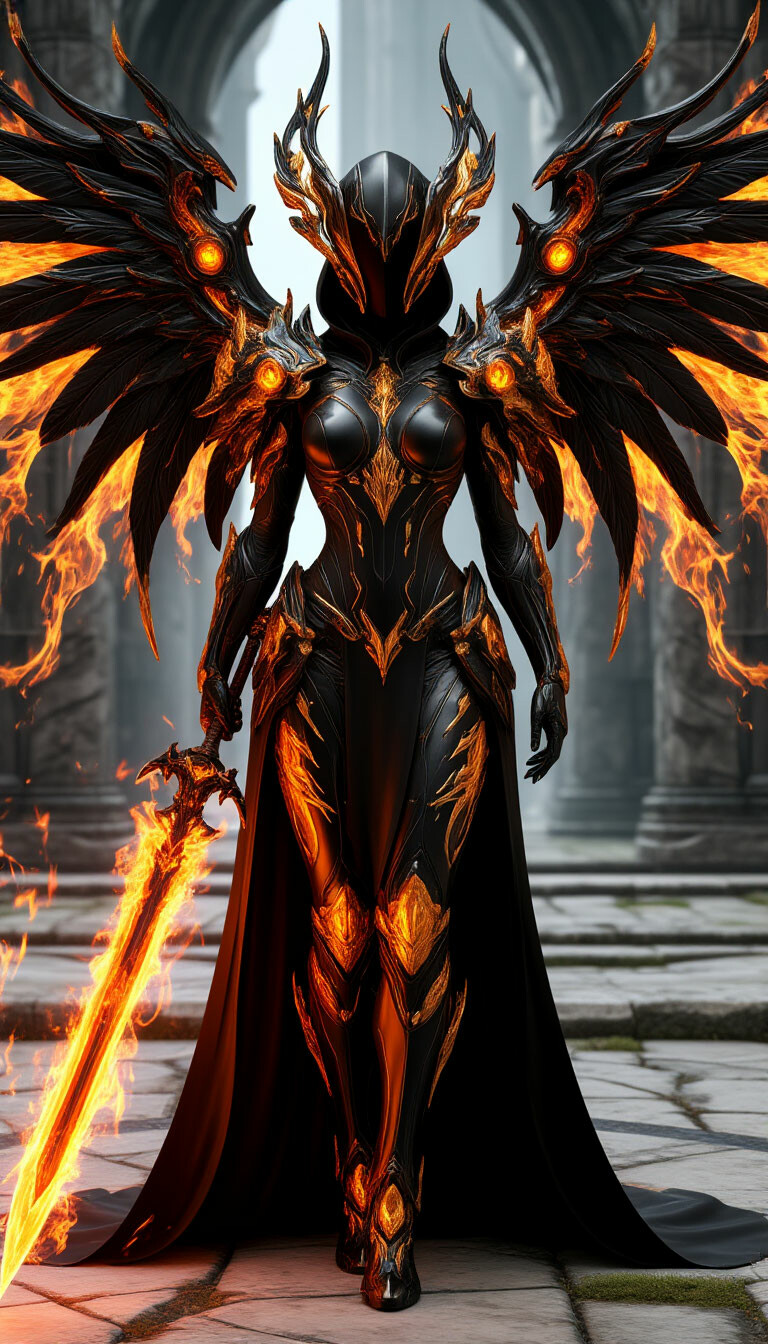 "A woman with a flaming dagger nanite armor Faceless Warframe Composite ...