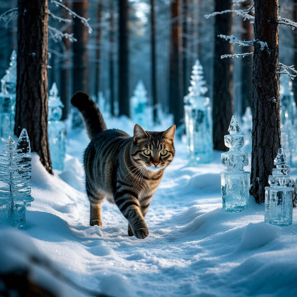 "The cat rushes through the icy forest past shimmering pines and ...