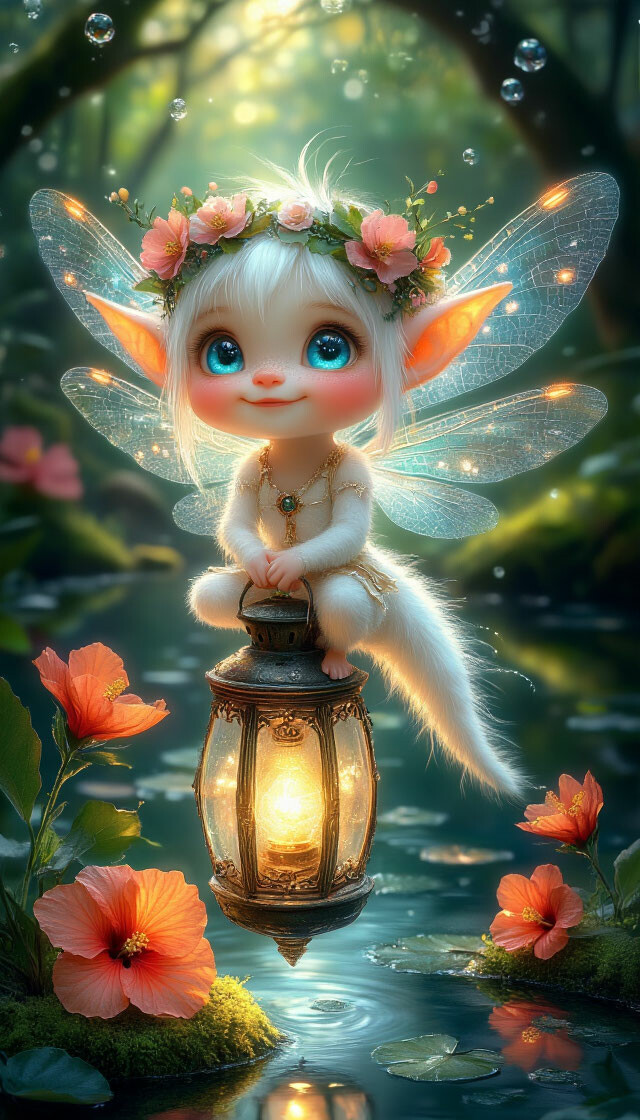 "💋 downy fur chibi cute white microscopic flies over the lake sits on a ...
