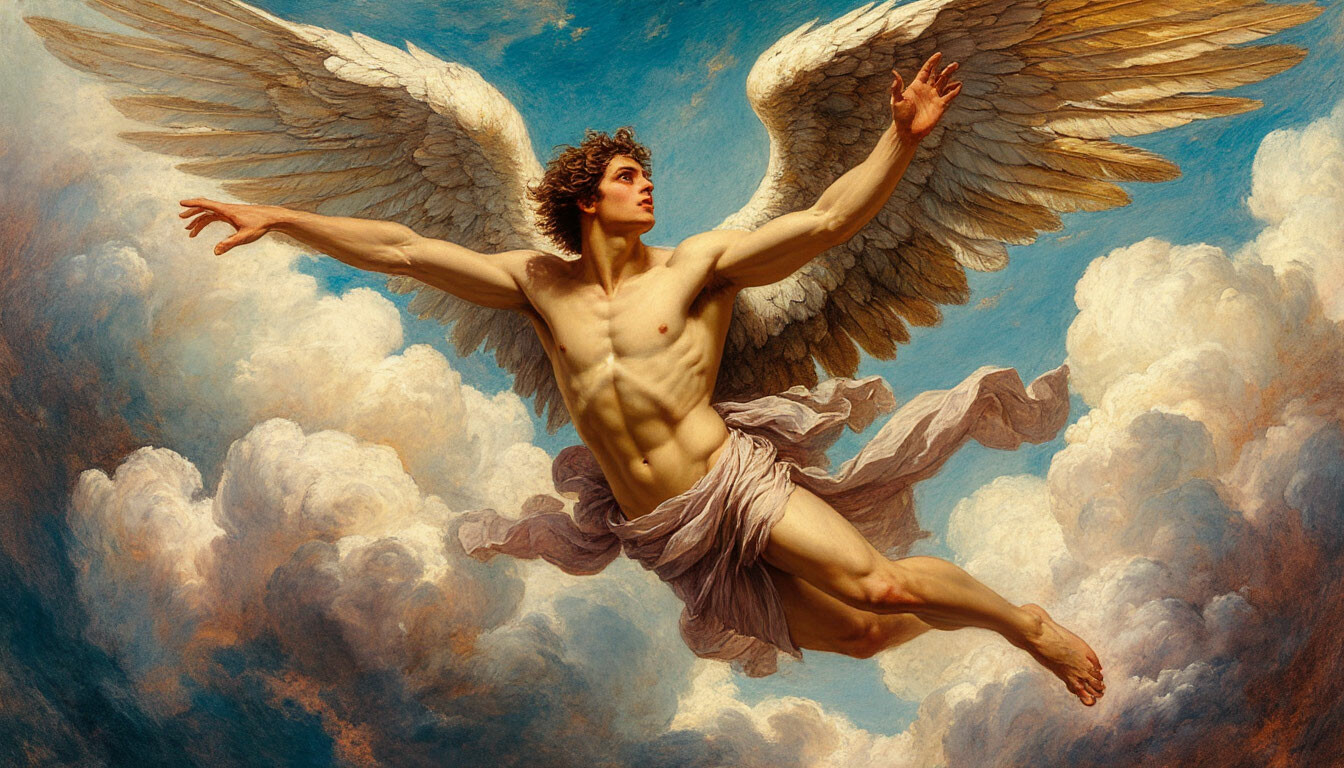 «Detailed цветной drawing, flying fallen angel в облаках passionate ...