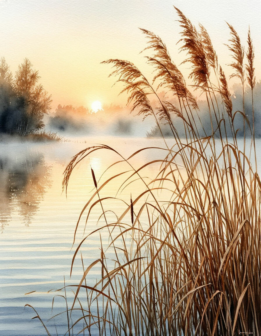 "Misty morning on the lake, sunrise, reed reed close-up, watercolor ...