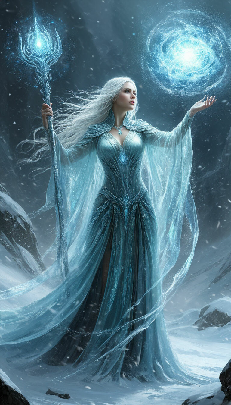 «Ice sorceress creating blizzard, semi-transparent robes reveal perfect form, staff emitting ...