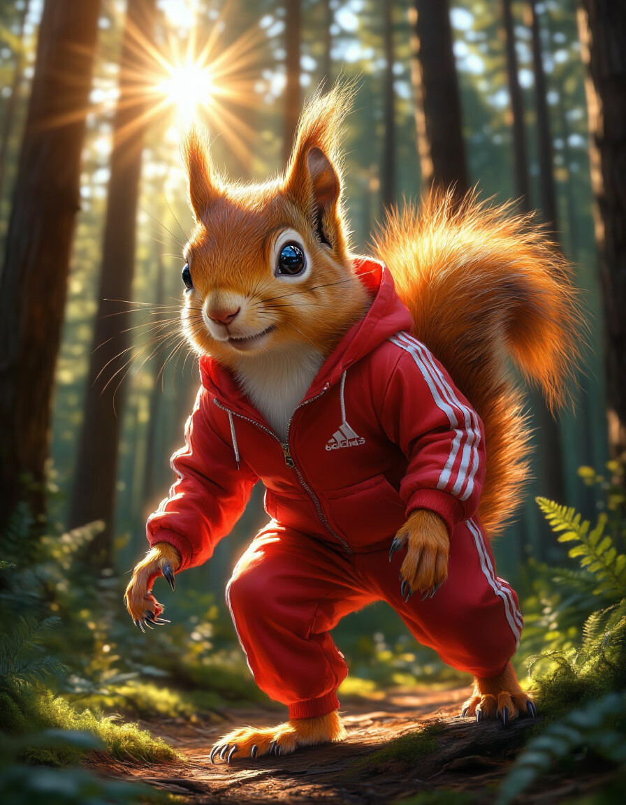 "Handsome (SQUIRREL) in a tracksuit, walking in the mountains in sunny ...