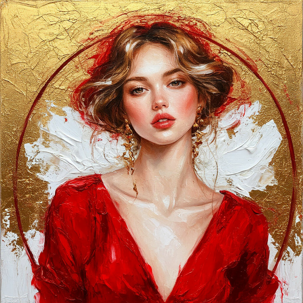 "Style gold white red, Eva Farb's style, painting,drawing,seduction ...