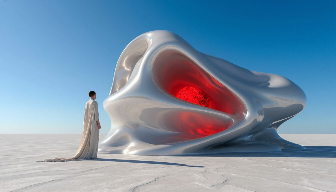 «A solitary figure in pale drifting fabric stands before a vast ...