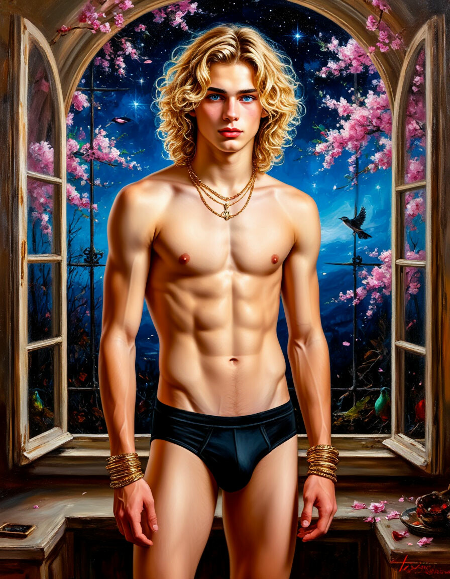 "Oil painting, maximum saturated tones. Full-length: a beautiful blond ...