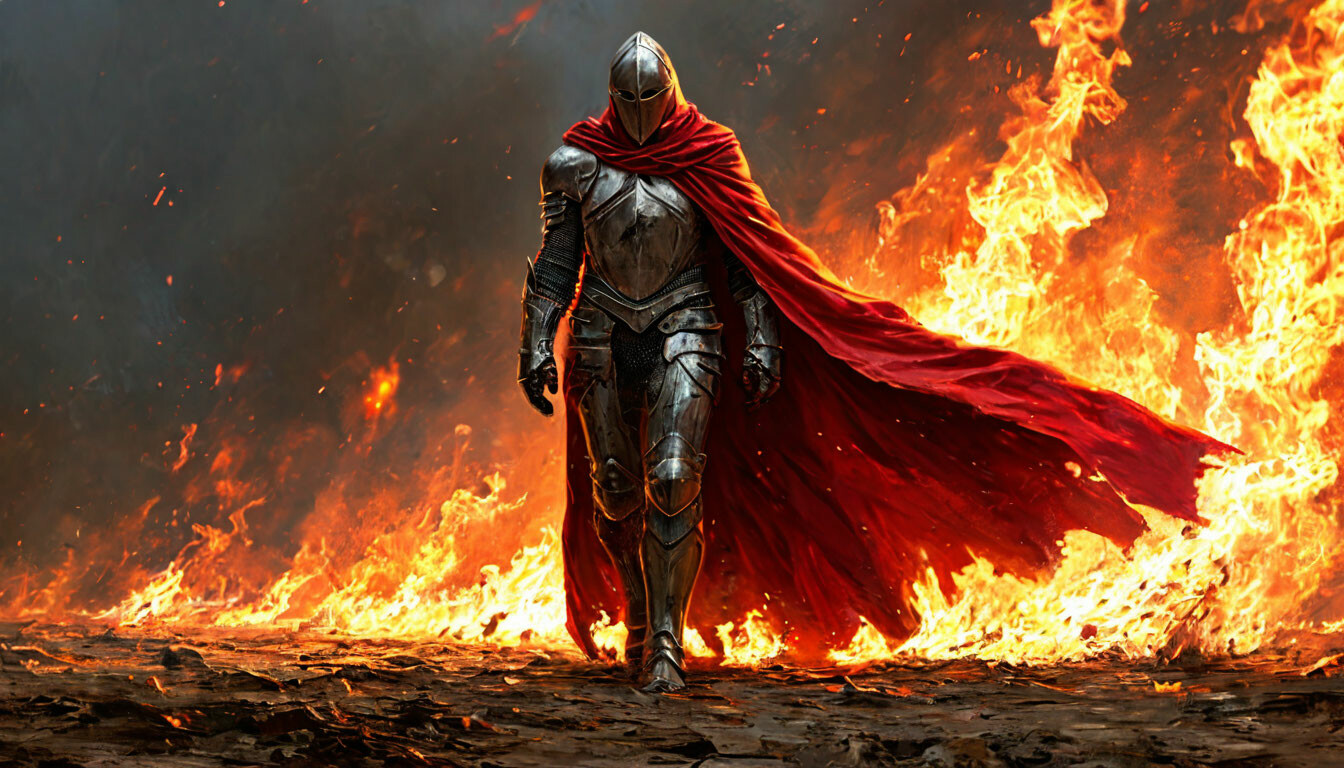 "A techno knight in the armor of the future in a red cloak spreads his ...