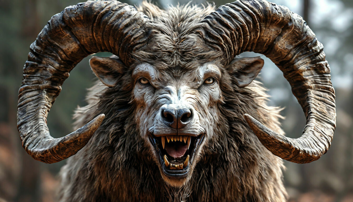 "Horned wolf ram with sharp fangs, hyperrealistic, maximum detail ...