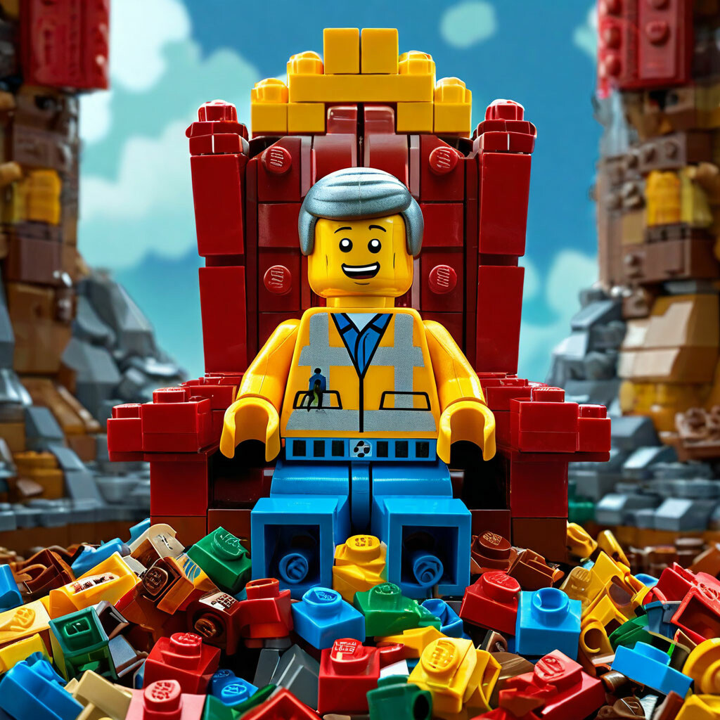 "Lego man collects a mountain of lego with his hands while sitting on a ...