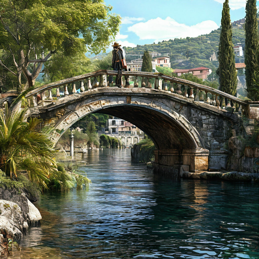 "The captain on the ancient bridge, photorealism" — image created in ...