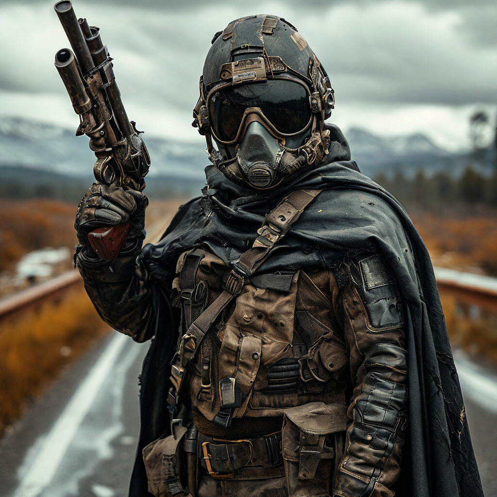 "There is a man standing on the highway, an air pilot's helmet with ...