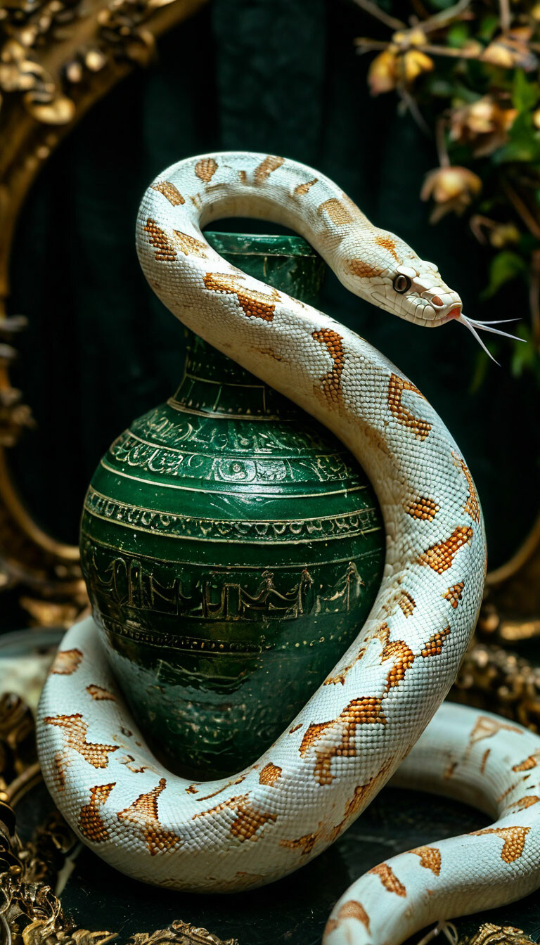 ". a white python wraps around a green amphora in a black room, close ...