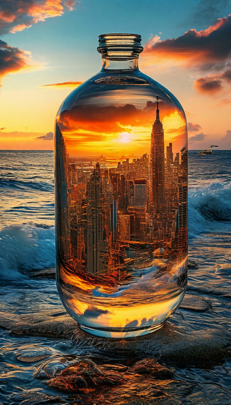 ". in the glass, the city, the seashore, sunset, surrealism, double ...