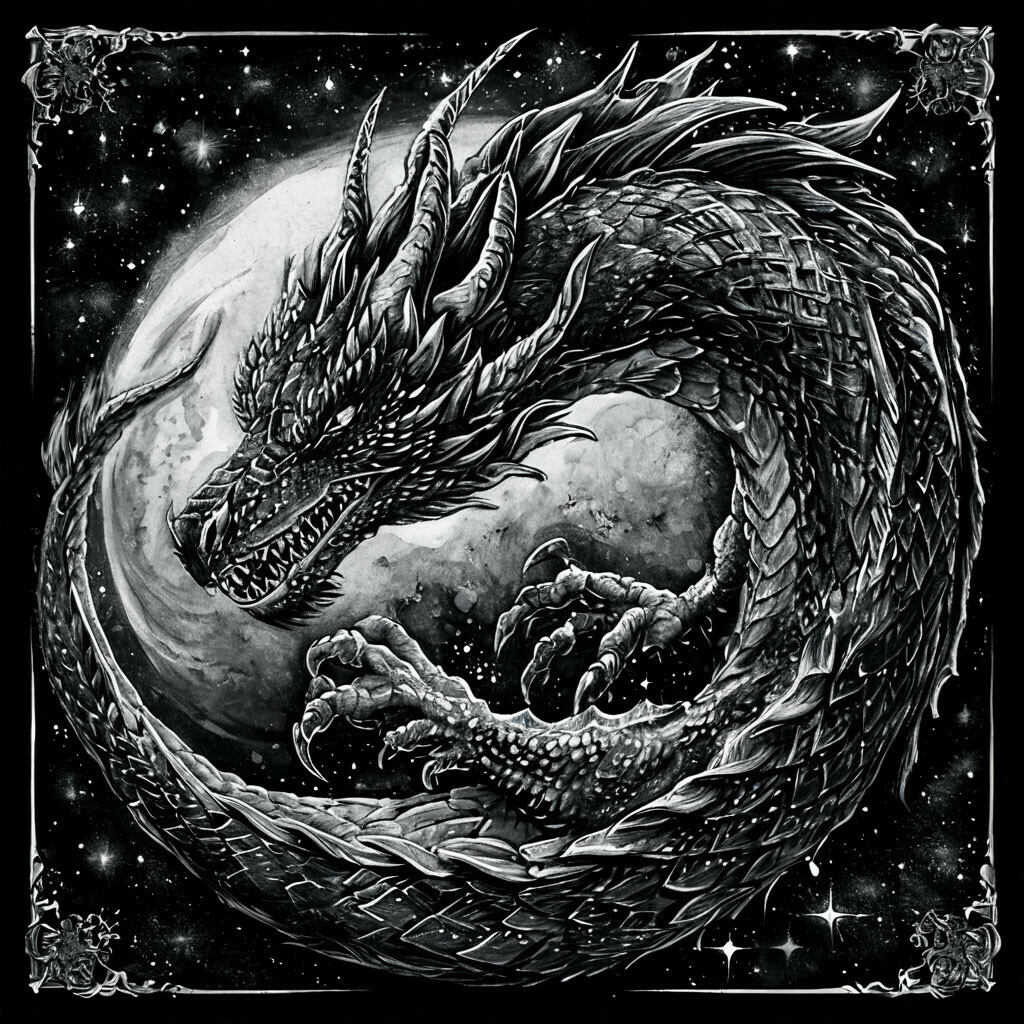"A flat pencil illustration, the black amorphous shadow of the dragon ...