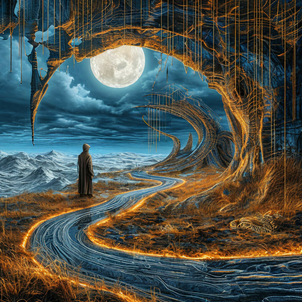 "XNJ style, fantasy, surrealism,shape outline,thin lines with backlight ...