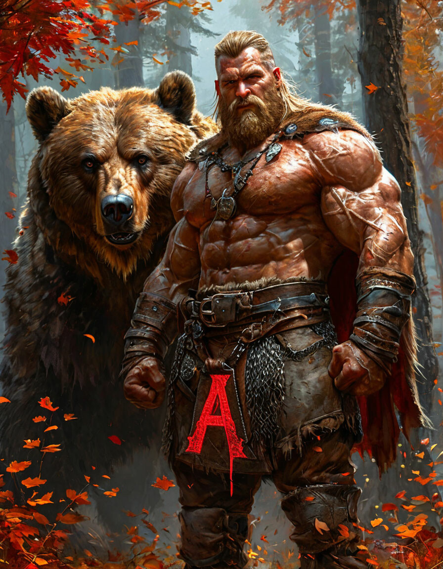 "A muscular bodybuilder, a brutal Viking. in chain mail. smile ...