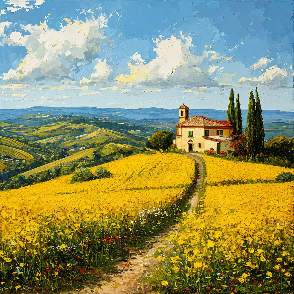 "Tuscany. Sunny, Neapolitan yellow, …" — image created in Shedevrum