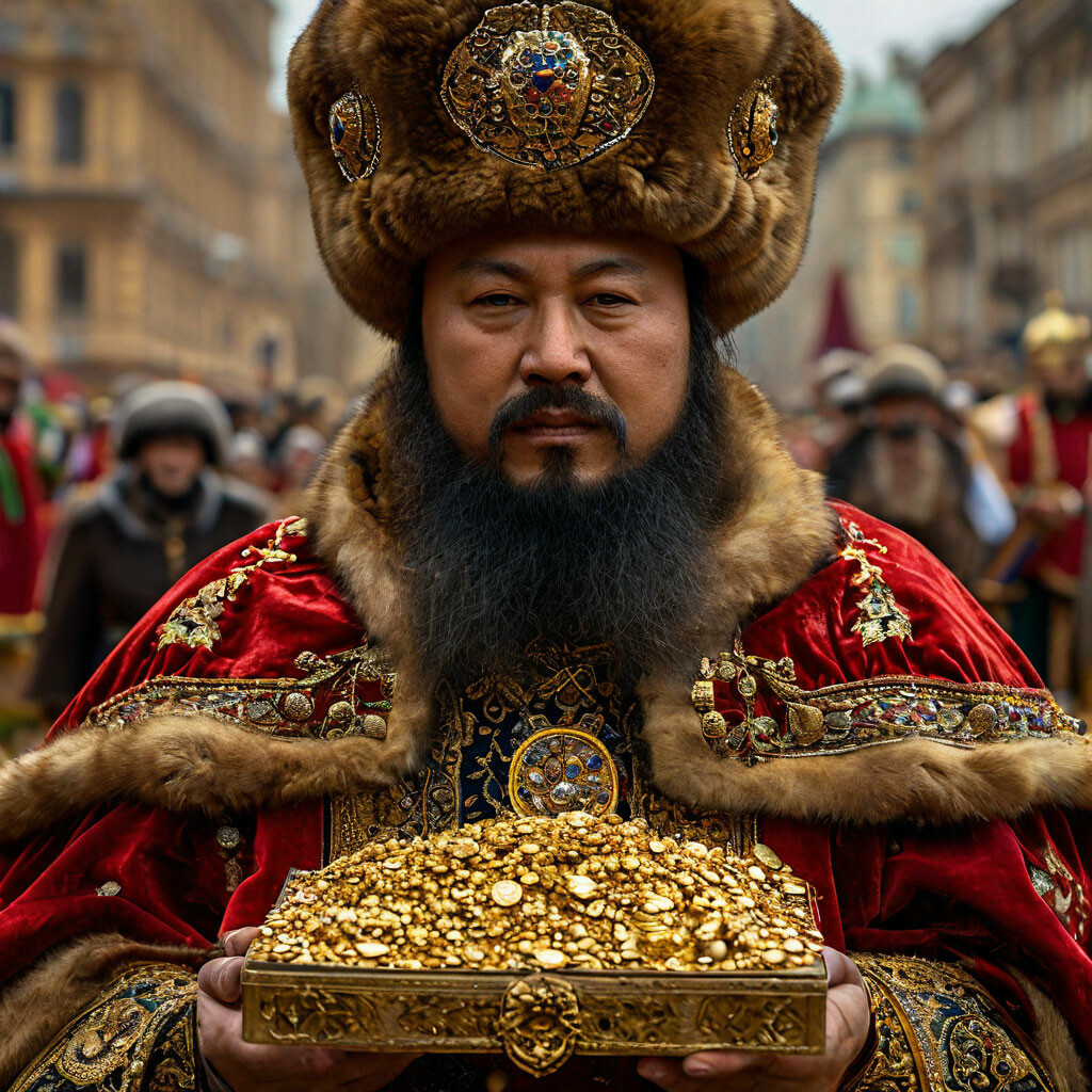 "Tatar Khan carries tribute, chests of gold to Russia" — image created ...