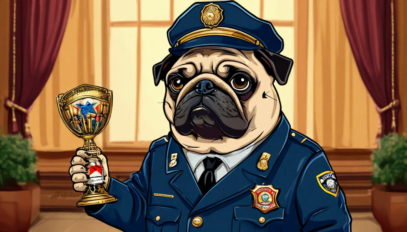 "Cartoon. A funny pug in a police suit…" — image created in Shedevrum