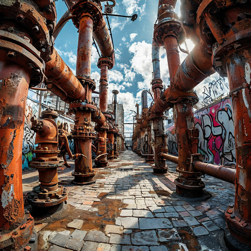 "Graffiti, pipes, hydrants, valves, …" — image created in Shedevrum