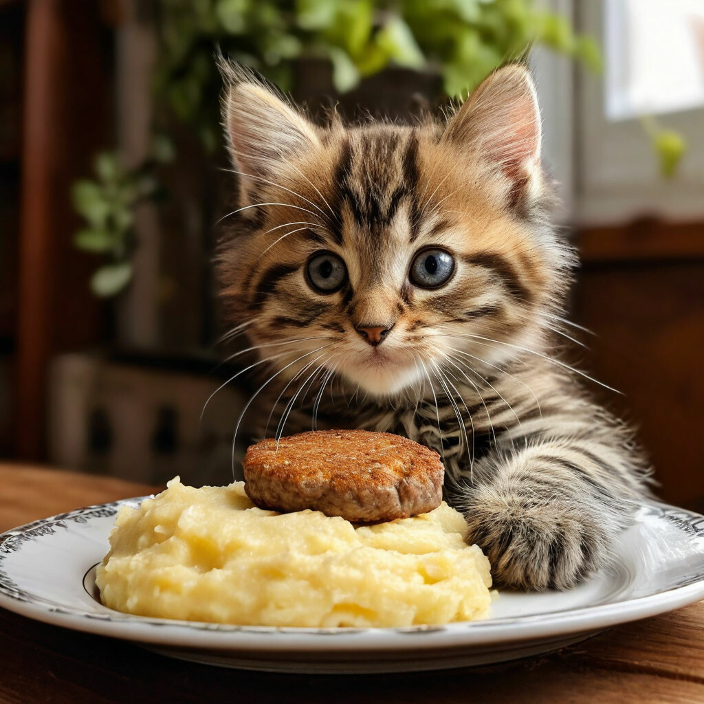 "Kitty eats mashed potatoes with a cutlet" — image created in Shedevrum