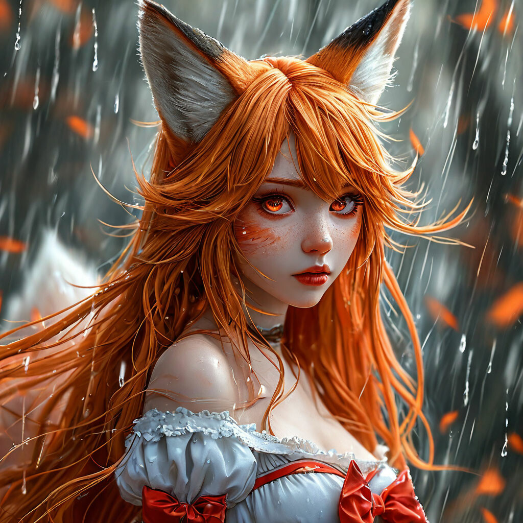 "Fox girl, fox ears, orange hair, beautiful red eyes and eyelashes ...