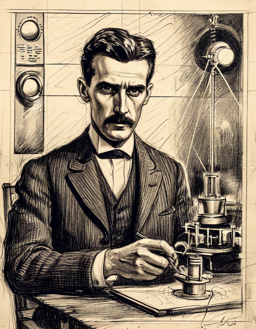"Nikola Tesla demonstrates wireless …" — image created in Shedevrum