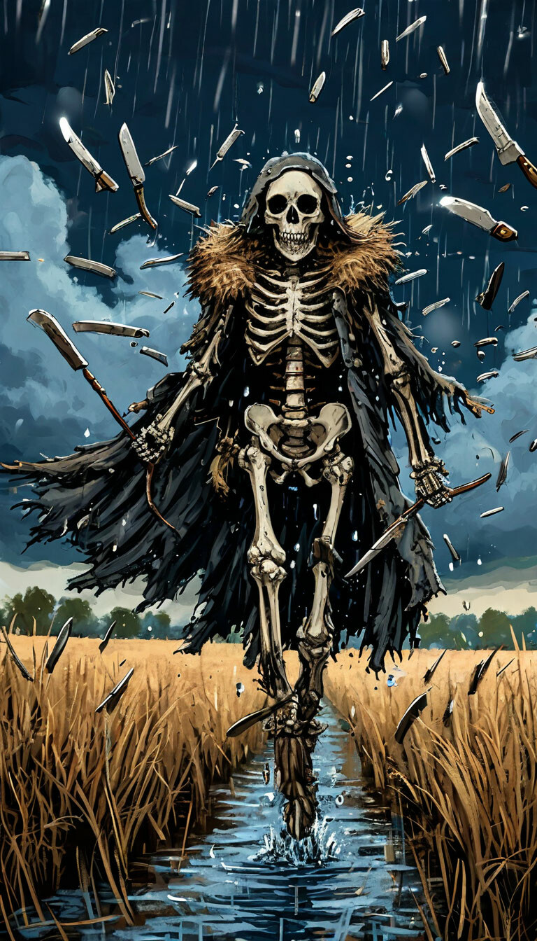 "A skeleton in a fur coat flies on a …" — image created in Shedevrum