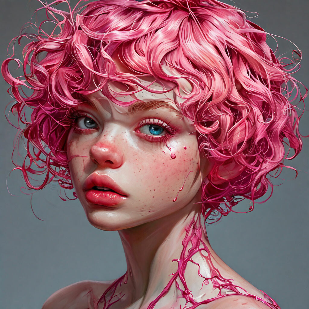 "Girl short pink curls blue eyes, pink glossy skin, 2d digital art ...