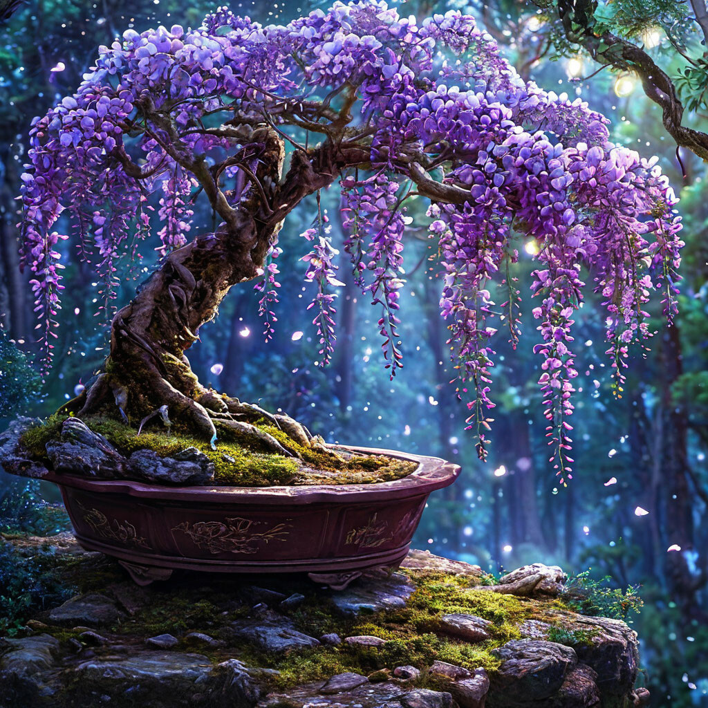 "Bonsai wisteria, in a fabulous forest, magic lights in the background ...