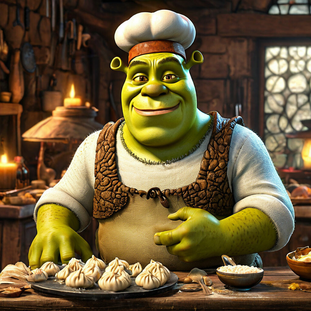 "Shrek cooks dumplings in a chef's hat" — image created in Shedevrum