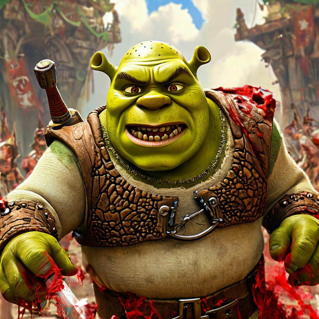 "Shrek attacked Masha, red paint, battle" — image created in Shedevrum