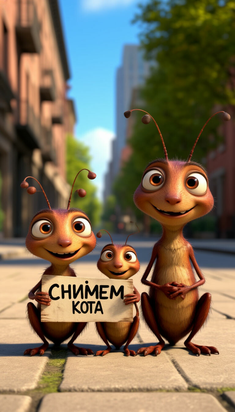 "Pixar animation. a cute little flea family sits on the sidewalk with a ...