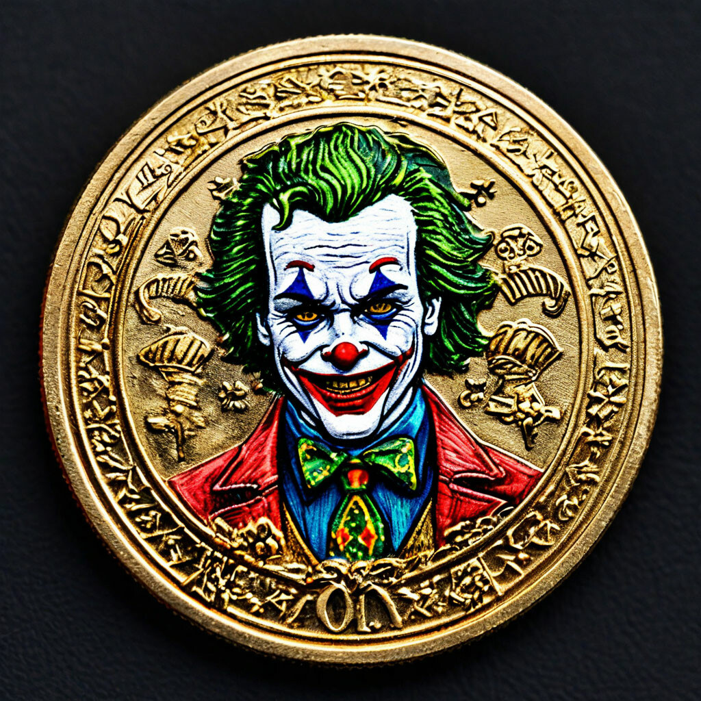 "Golden jubilee coin, with the image of the Joker, on a black ...