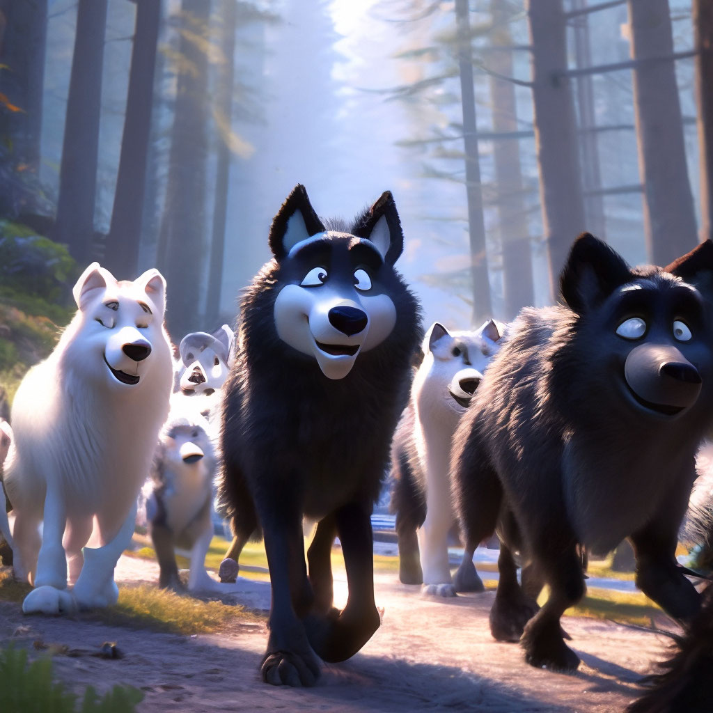 "PIXAR A pack of wolves following a white wolf and a black wolf ...