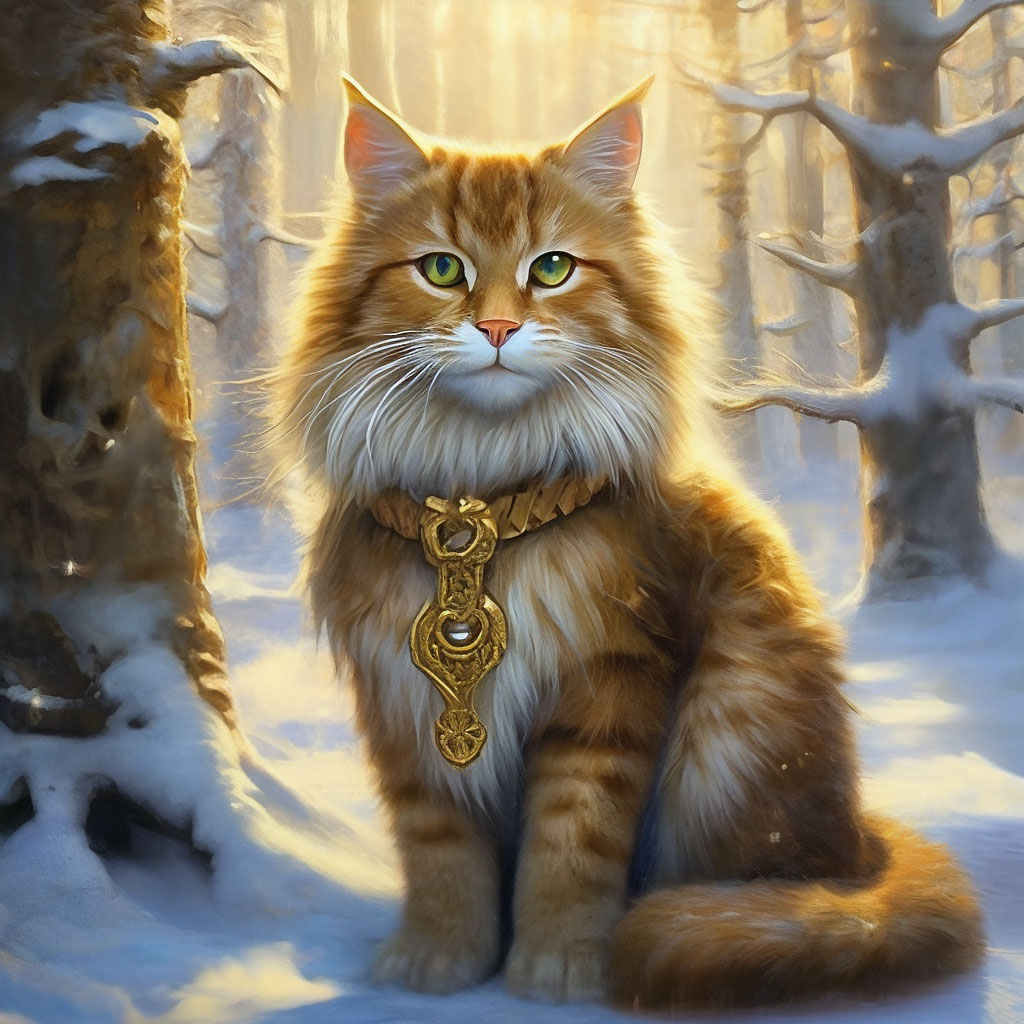 "Bayun the cat, golden chain, big expressive eyes, magical winter ...