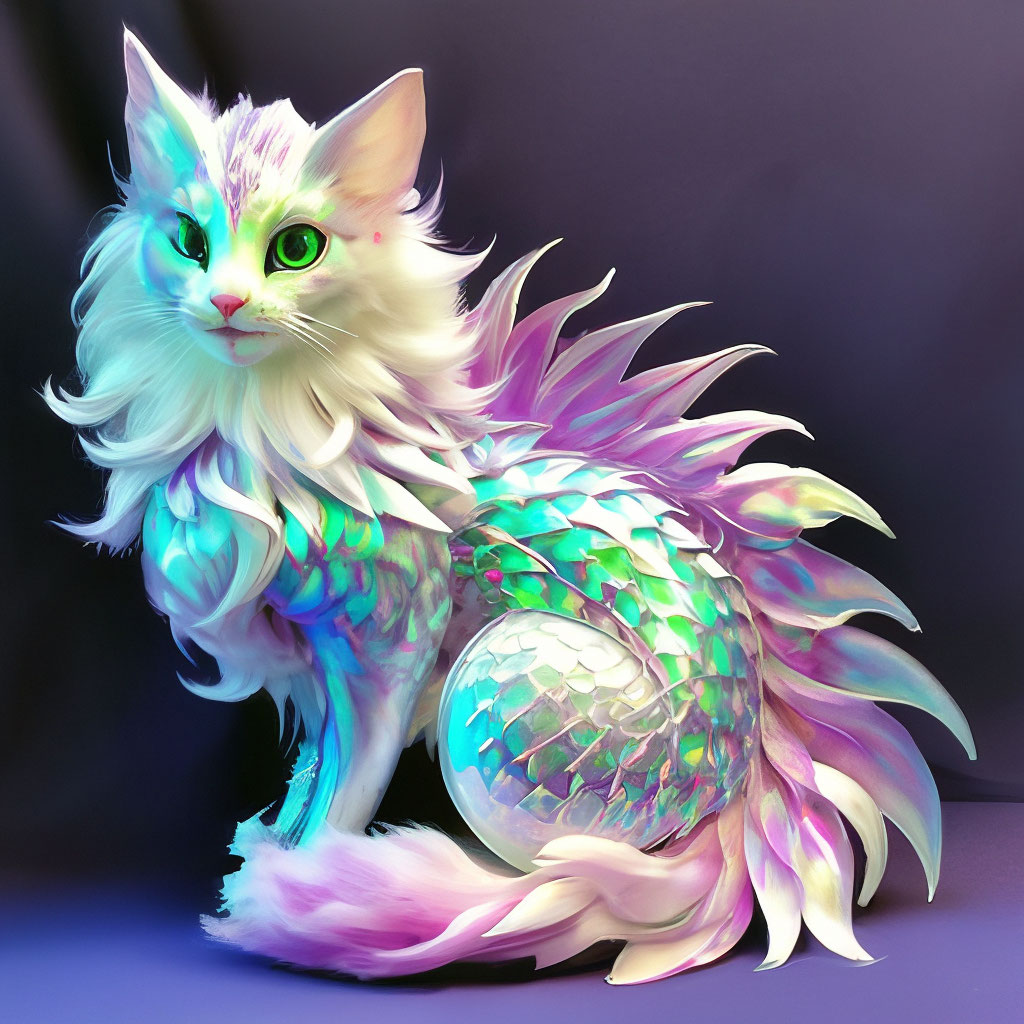 "Beautiful fluffy dragon cat, big green eyes, white with mother-of ...