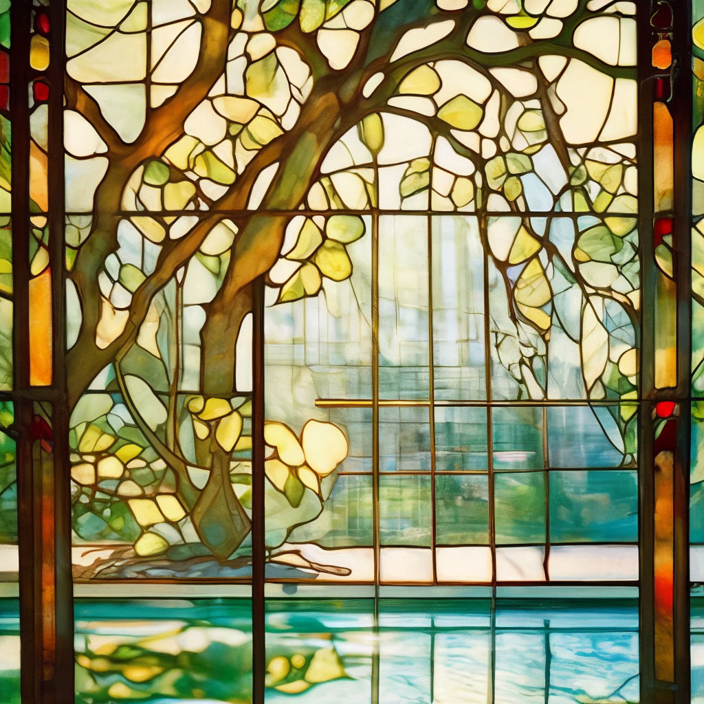 "Stained glass willow branch above the pool 🌿🌊 Art Nouveau Victor Horta ...