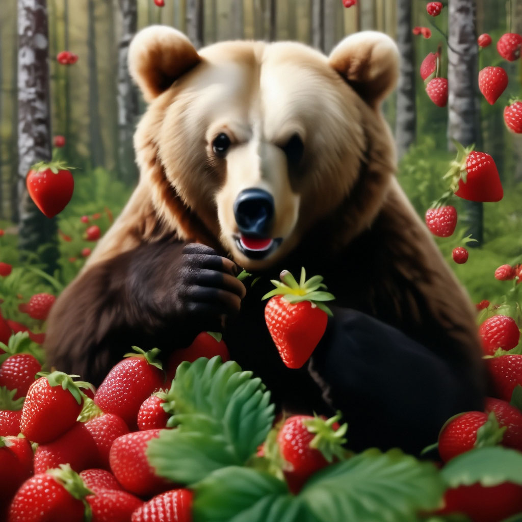 "A very beautiful bear,kind,cute in a pink strawberry forest,eats ...
