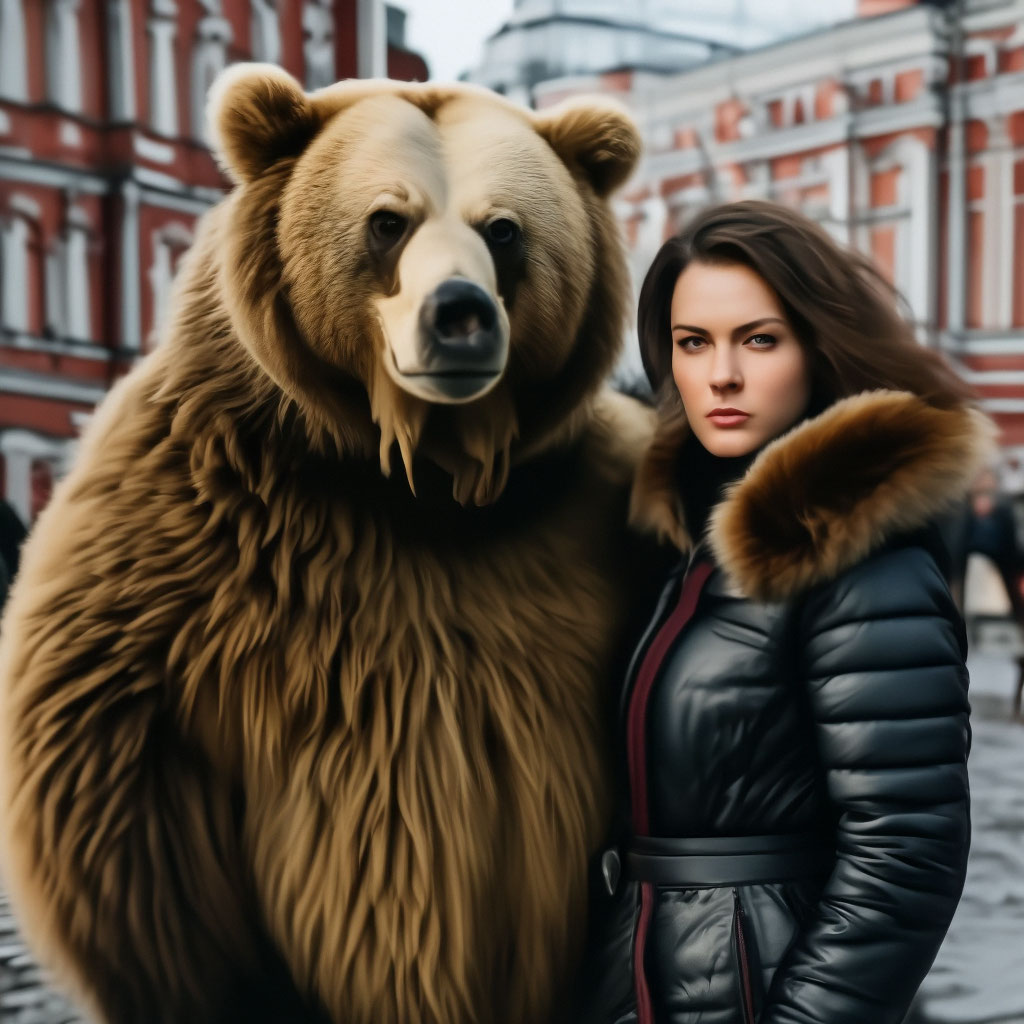 "An ordinary day in modern Russia, bears, men and beautiful women" — image created in Shedevrum
