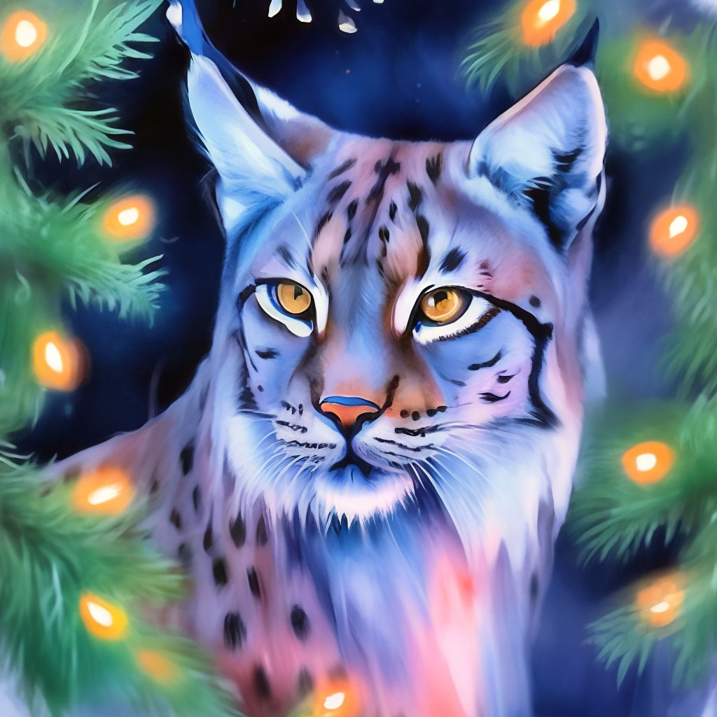 "Neon watercolor lynx together with spruce twigs and cones, gently ...