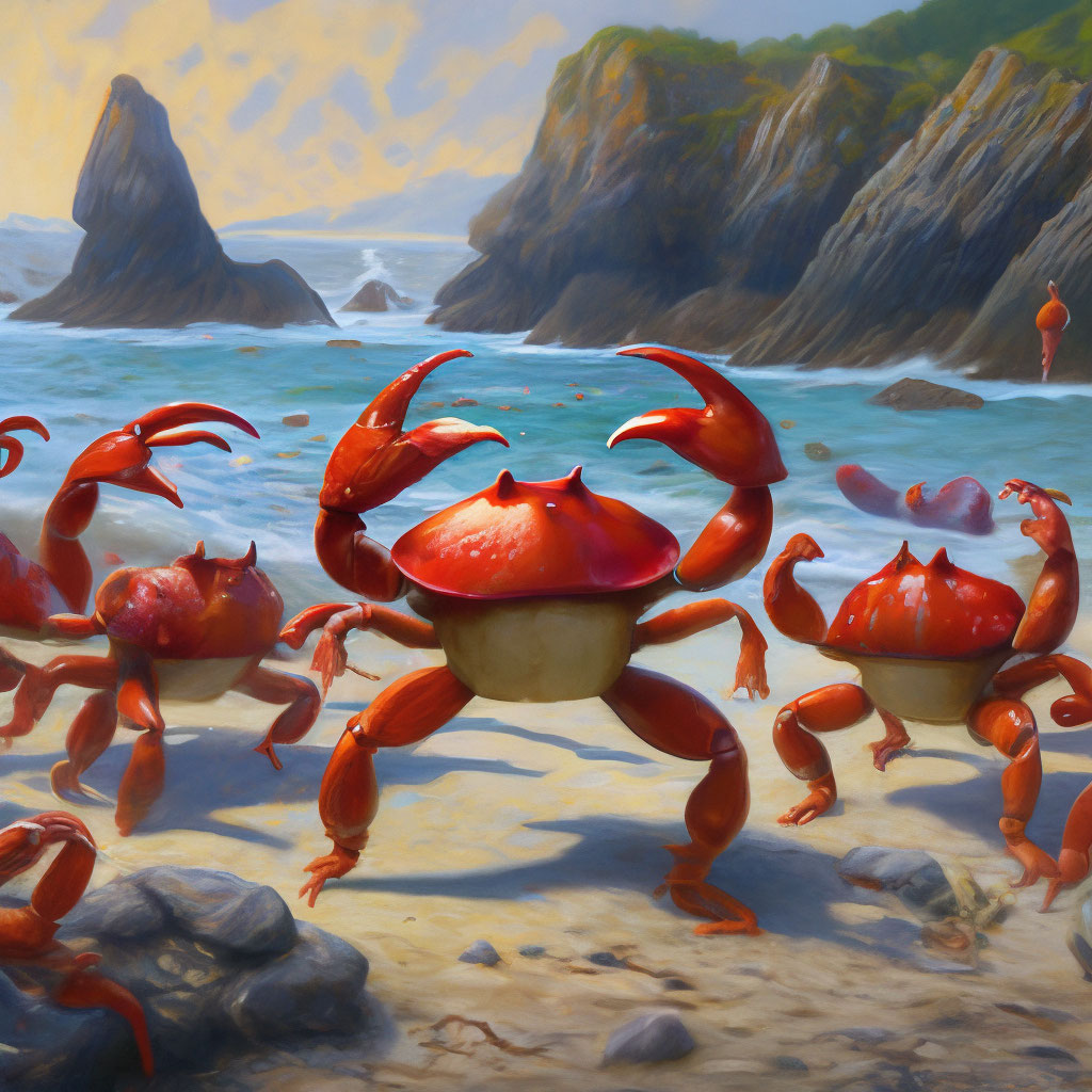 "Crab dancing with other crabs" — image created in Shedevrum